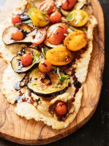 Hummus Flatbread with Eggplant & Tomatoes - Patricia Bannan, MS, RDN