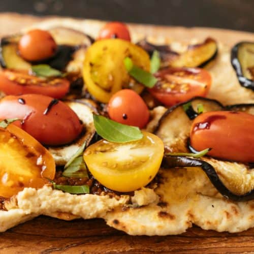 Hummus Flatbread with Eggplant & Tomatoes - Patricia Bannan, MS, RDN